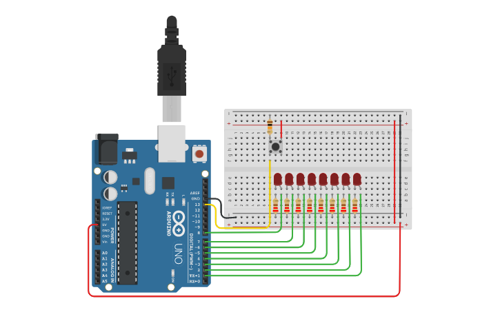 Circuit design 8 LEDs with Pushbutton - Tinkercad