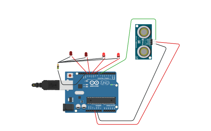 Circuit design distance sensor with leds - Tinkercad