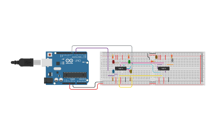 Circuit design Atividade Integração 3 - Arduino 7474 duplo | Tinkercad