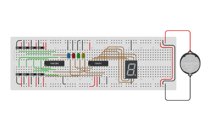 Circuit design Activity#7-4-BIT ADDER WITH 7-SEGMENT - Tinkercad