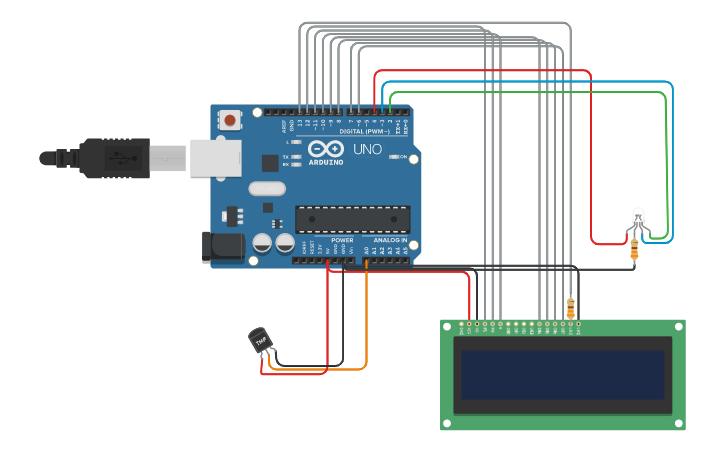 Circuit design TMP & LCD 16x2 - Tinkercad