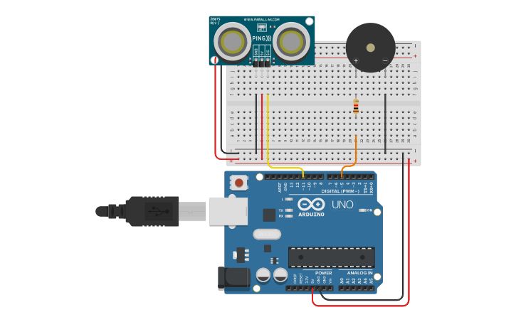 Circuit design TONE E. PIEZO WITH ULTRASONIC SENSOR - Tinkercad