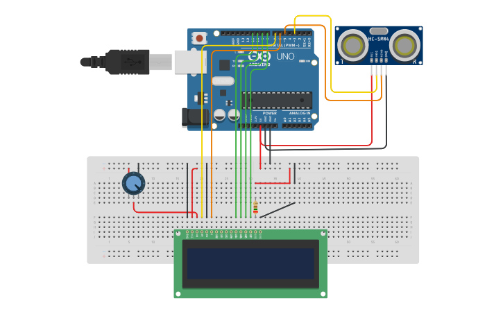 Circuit design Ultrasonic Sensor and LCD - Tinkercad