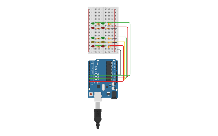 Circuit design Semáforo de Veículos e Pedestres com 10 LEDS - Tinkercad