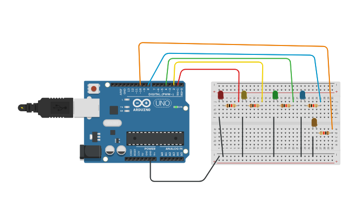 Circuit design Binary Counter till 31(with led) - Tinkercad