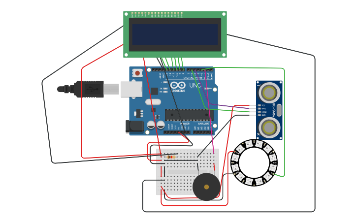 Circuit design Distance Indicator using Ultrasonic sensor - Tinkercad