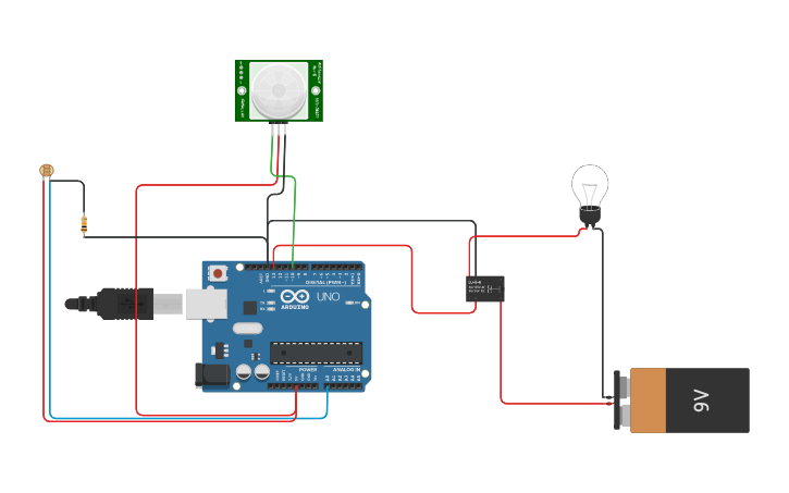 Circuit design AC lamp using Arduino, 5V relay and motion sensor - Tinkercad