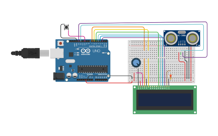 Circuit design Distance Push Button and LCD Dispaly - Tinkercad
