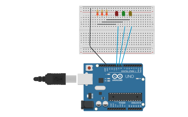 Circuit design arduino con 3 led (semaforo) - Tinkercad