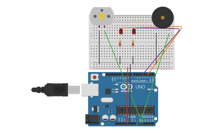 Circuit design Dc motor and Piezo buzzer program | Tinkercad