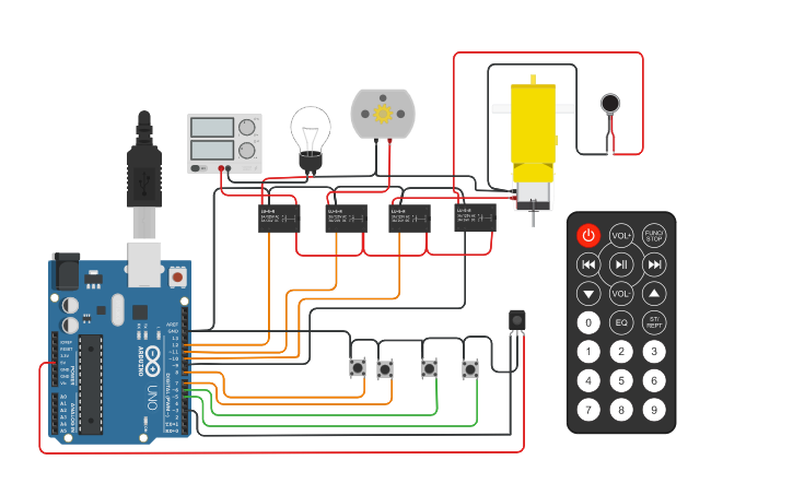 Circuit design IR remote and manual home automation - Tinkercad