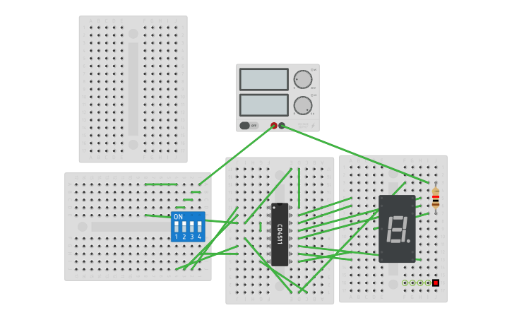 Circuit design Decoder BCD to 7 segment + display 7 segment - Tinkercad