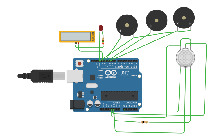 Circuit design SMOKE ALERT SYSTEM USING ARDUINO UNO - Tinkercad