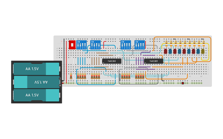 Circuit design 2.3.2 8-bit Full Adder by 74HC283 - Tinkercad Circuit design 2.3.2 8-bit Full Adder by 74HC283 - Tinkercad