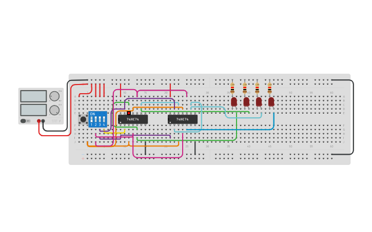 Circuit design 4-BIT SHIFT REGISTER(SERIAL IN PARALLEL OUT) - Tinkercad