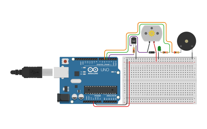 Circuit design motor led buzzer - Tinkercad