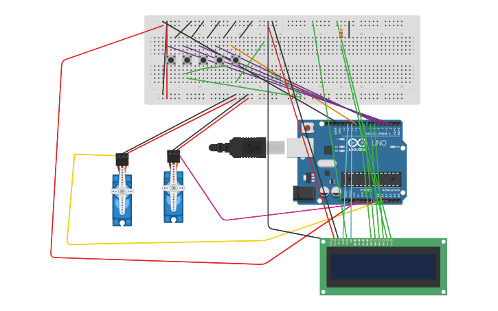 Circuit design Servo + lcd + buttons - In progress - Tinkercad