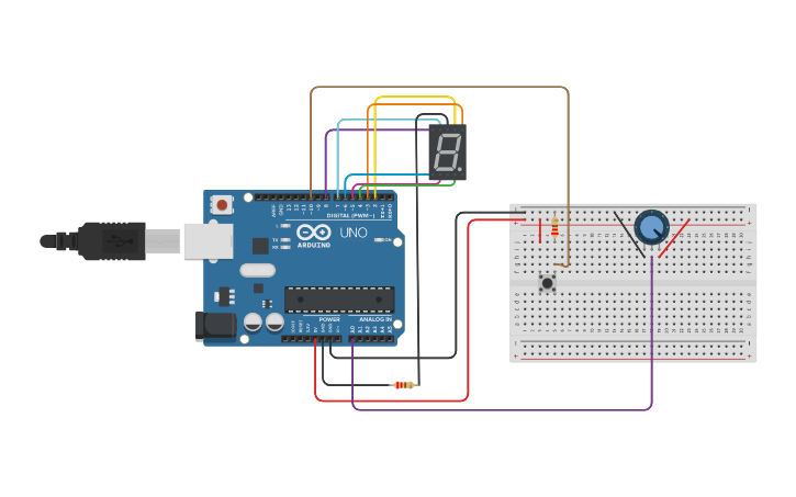 Circuit design Visor de sete segmentos com potenciometro - Tinkercad