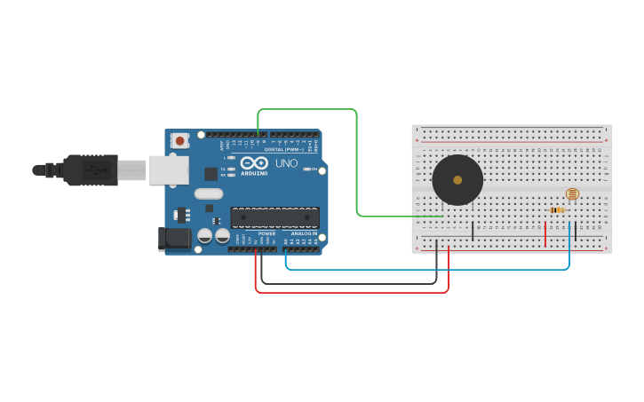 Circuit design Arduino musica con buzzer e fotoresistenza - Tinkercad