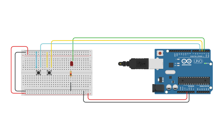 Circuit design Montage 5 : LED + 2 boutons poussoirs - Tinkercad