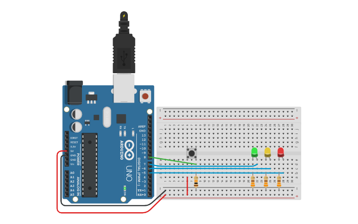 Circuit design ON/ OFF LED sequence with push-button - Tinkercad