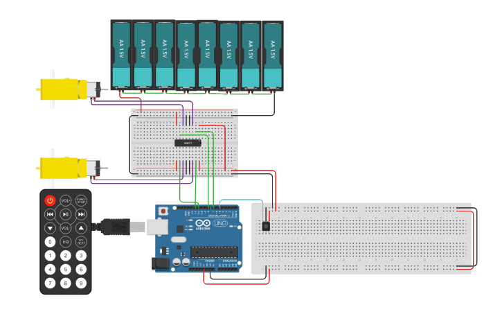 Circuit design Remote Control 2 Motors With IR - Tinkercad