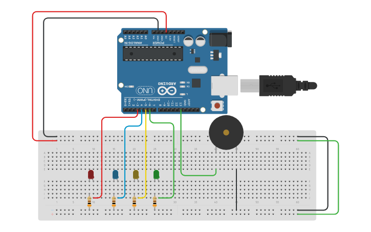 Circuit design Buzzer com Leds | Tinkercad