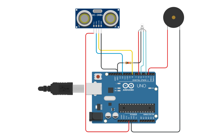 Circuit design PRAKTIKUM 6 SENSOR ULTRASONIK | Tinkercad