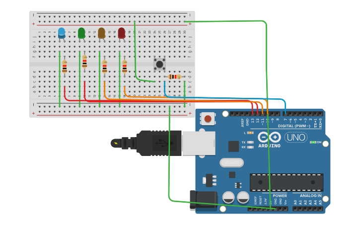 Circuit design LEDS CON PUSH BOTON - Tinkercad