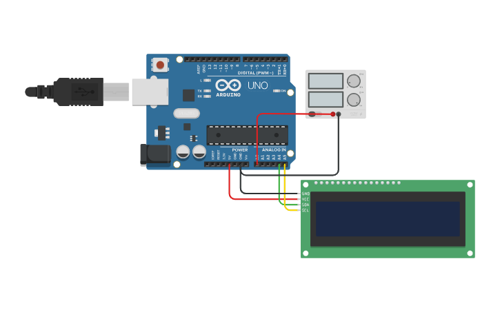 Circuit design I2C scherm Voltmeter op arduino uno - Tinkercad