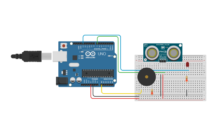 Circuit design Piezo w/ ultrasonic - Tinkercad