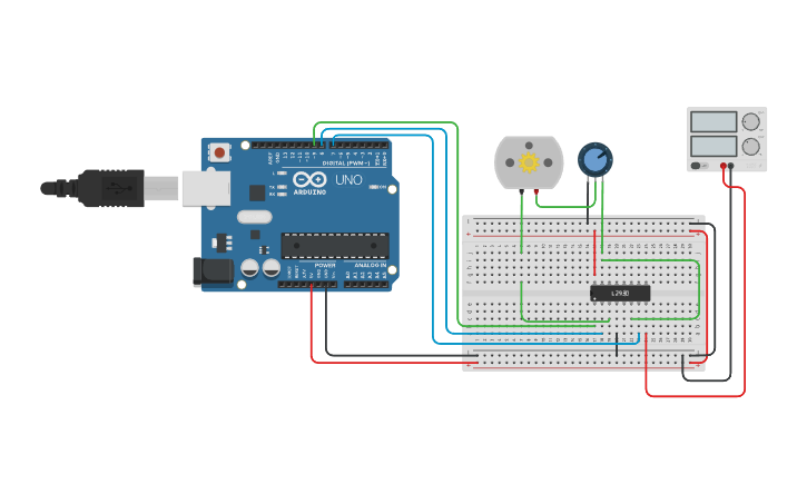 Circuit design L293D Motor driver and potentiometer - Tinkercad