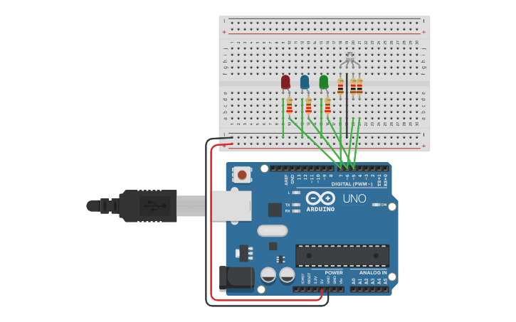 Circuit design Mezcla de colores en LED RGB | Tinkercad