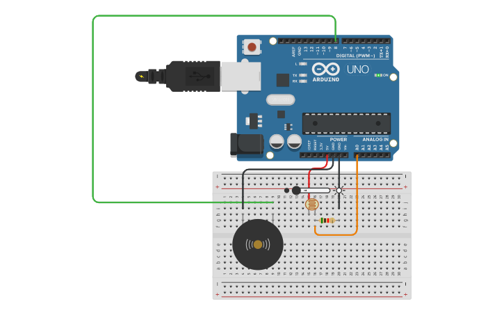 Circuit design Using Photo Resistor with Buzzer - Tinkercad