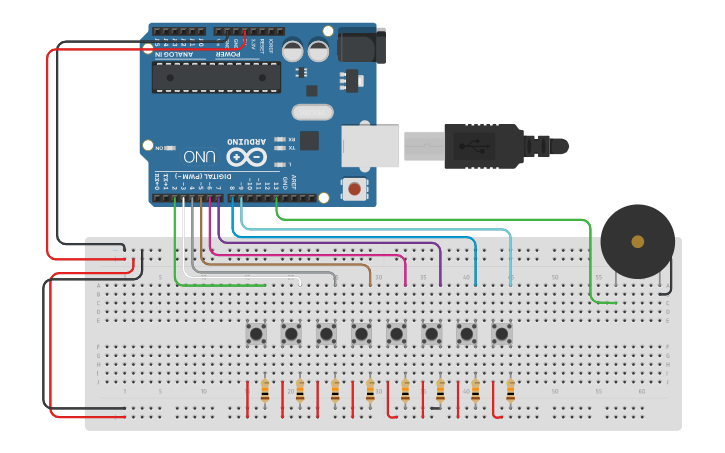 Circuit design PIANO USING ARDUINO UNO - Tinkercad
