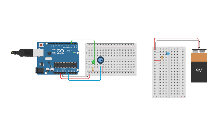 Circuit design Potentiometer to control LED brightness - Tinkercad