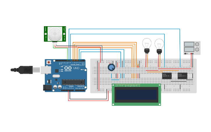 Circuit design CT 318 - OMRESO - BIT III-A - MODULE 07 - PIR SENSOR WITH LCD - Tinkercad