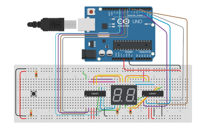 Circuit design Circuito de 7 segmentos, dos digitos. - Tinkercad
