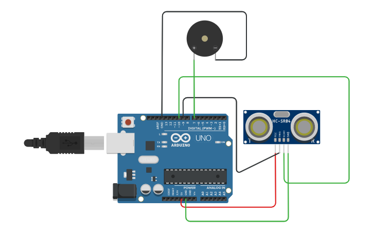 Circuit design Ultrasonic sensor + buzzer with Arduino - Tinkercad