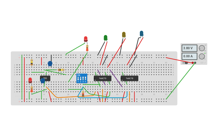 Circuit design 3-bit ripple down counter - Tinkercad