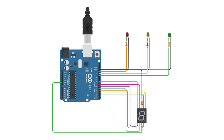 Circuit design Traffic light signal with 7 segment display - Tinkercad
