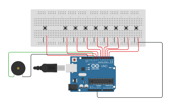 Circuit design Piano con Arduino | Tinkercad