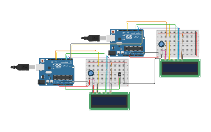 Circuit design 2_arduinos_temp_lcd - Tinkercad