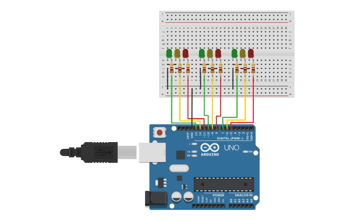 Circuit design LED Traffic Light - Tinkercad Circuit design LED Traffic Light - Tinkercad
