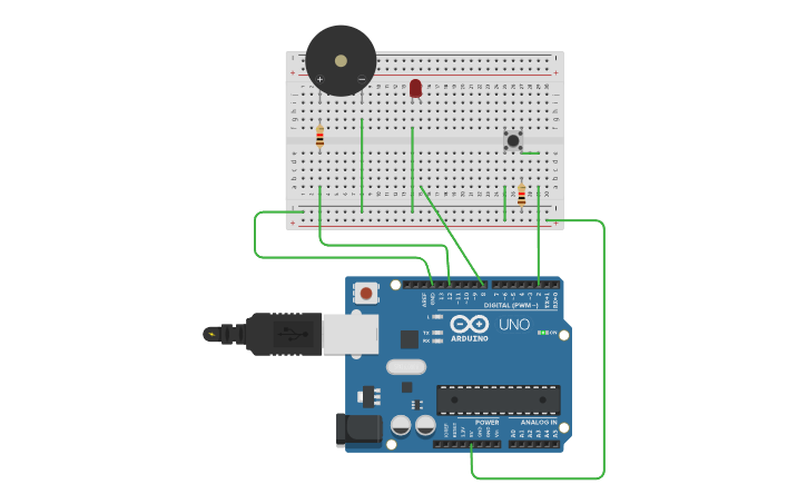 Circuit design Buzzer LED and PushButton - Tinkercad