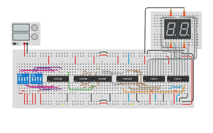 Circuit design STBY Sumador 74HC283 de 4bits a 7 segmentos - Tinkercad