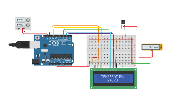 Circuit design sensor de temperatura | Tinkercad