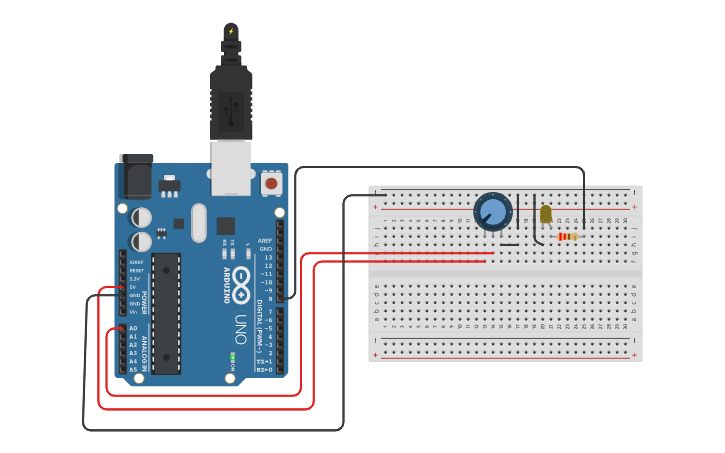 Circuit design MEMBACA NILAI POTENSIOMETER DENGAN INDIKATOR LED | Tinkercad