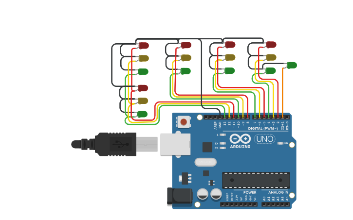 Circuit design 4 Semaforos - Tinkercad