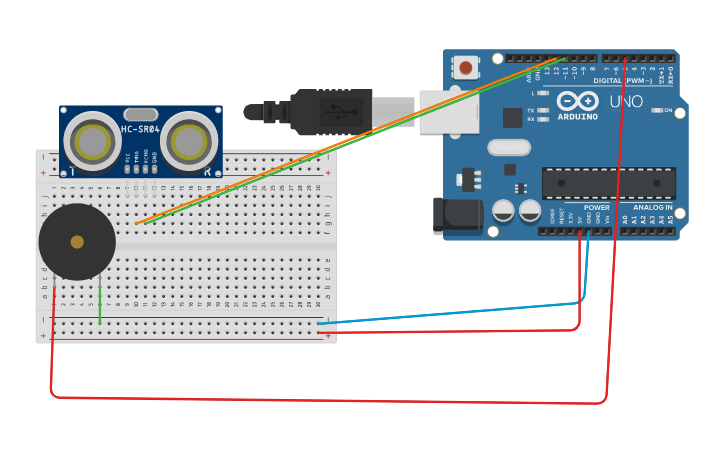 Circuit design sensor ultrasonico buzzer - Tinkercad